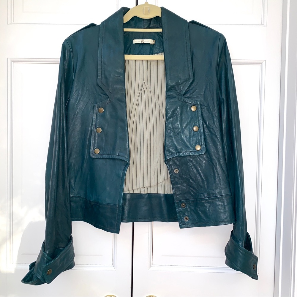 Double Breasted Teal Green Leather Jacket - Gem